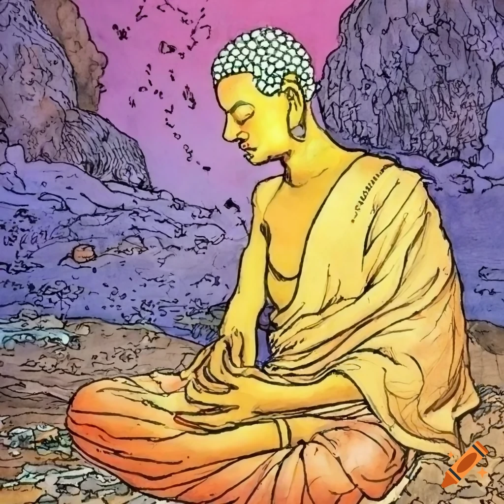 Buddha meditating in a high-quality comic book art style on Craiyon