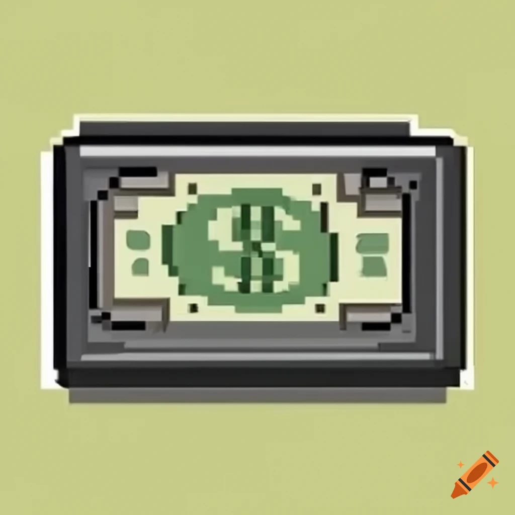 Dollar bills in a money clip with a dollar sign logo in 8-bit style on ...