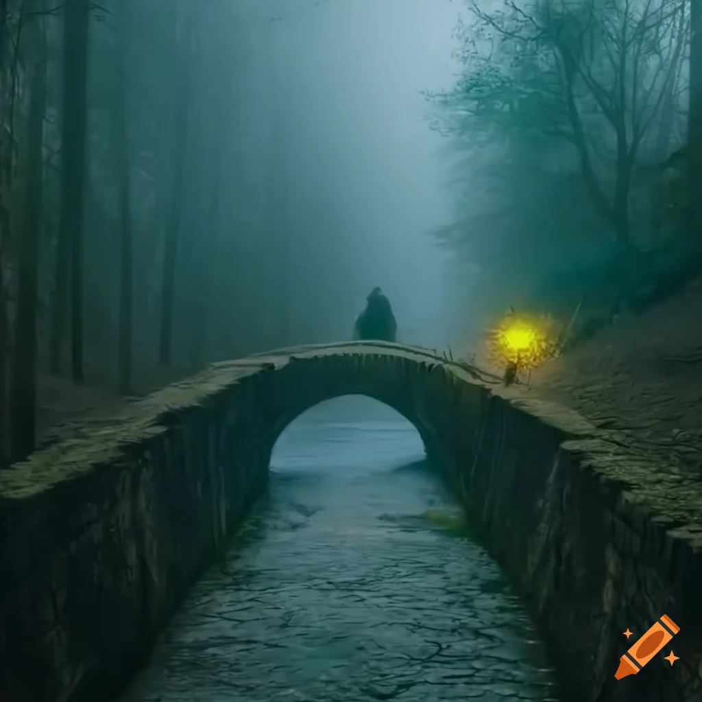 Ethereal monster with glowing eyes under a stone bridge in a foggy ...