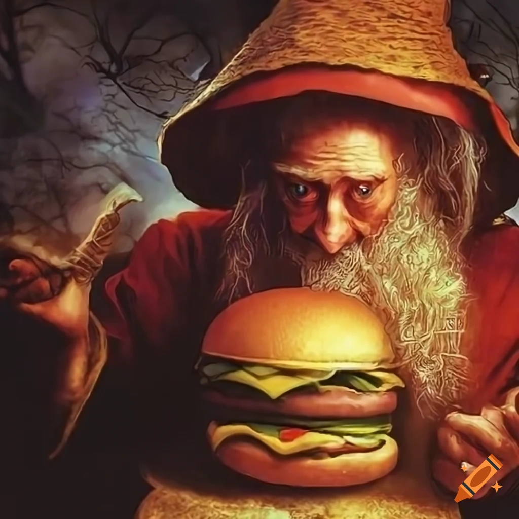 Wizard levitating a cheeseburger in an 80s fantasy artwork on Craiyon