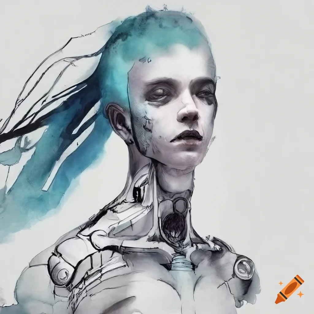 White black ink cyborg with light cyan hair in a cutting-edge bodysuit ...