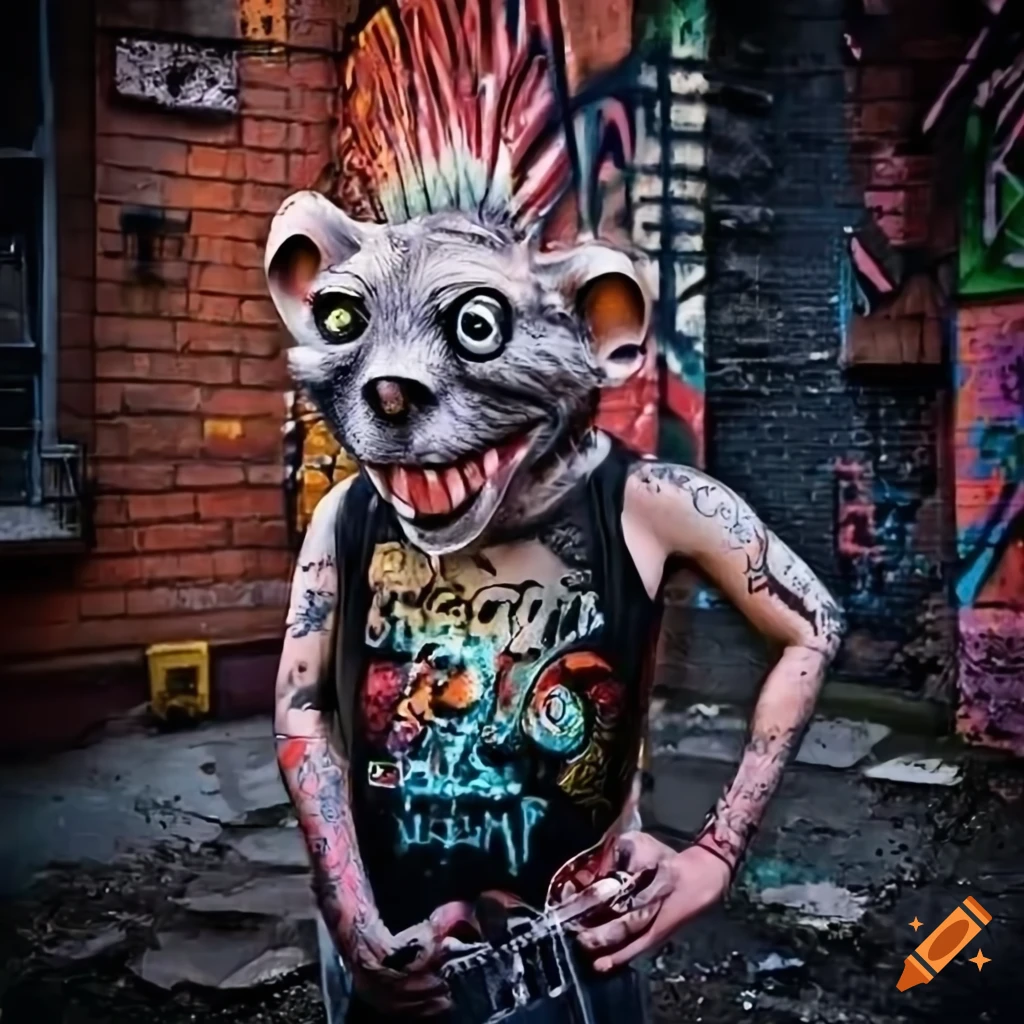 Mohawked punk rock rat in a graffiti-filled new york city alleyway on ...