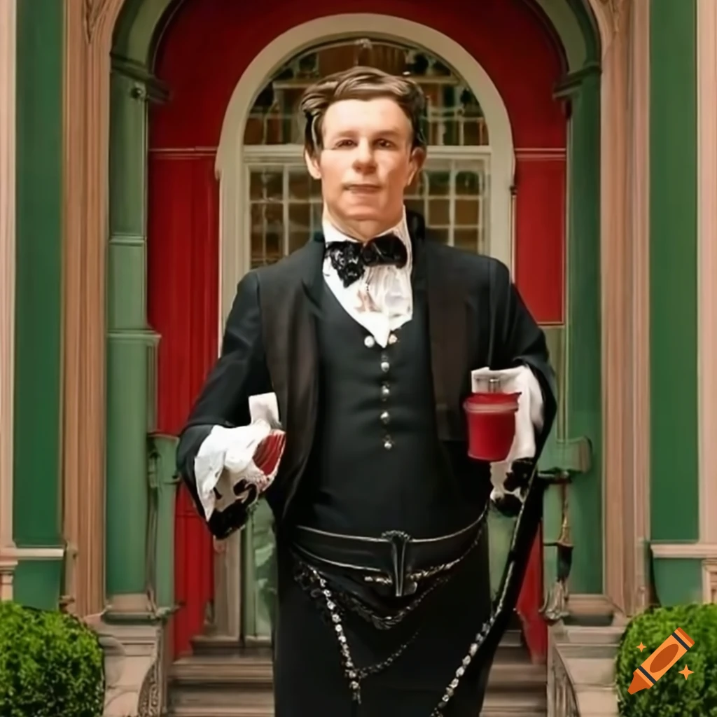 Impressive butler in victorian attire at the entrance of a grand ...