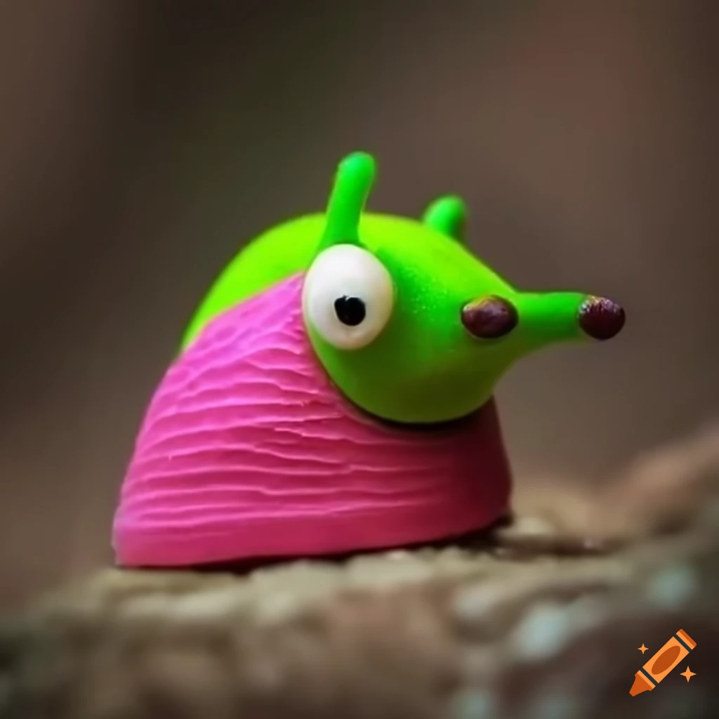 Bright pink plasticine slug-like creature with green stripes and a wide ...