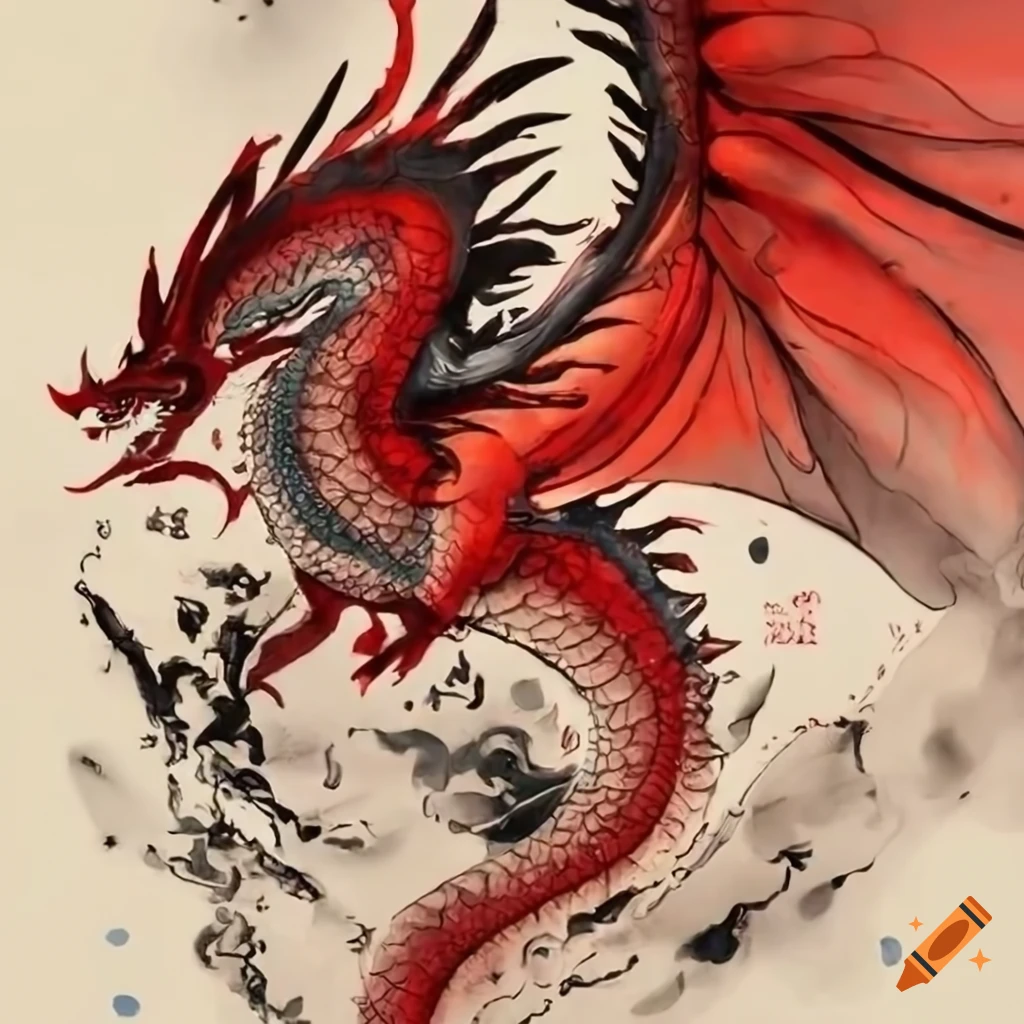 Red dragon with wings jumping out of water in Chinese ink painting ...
