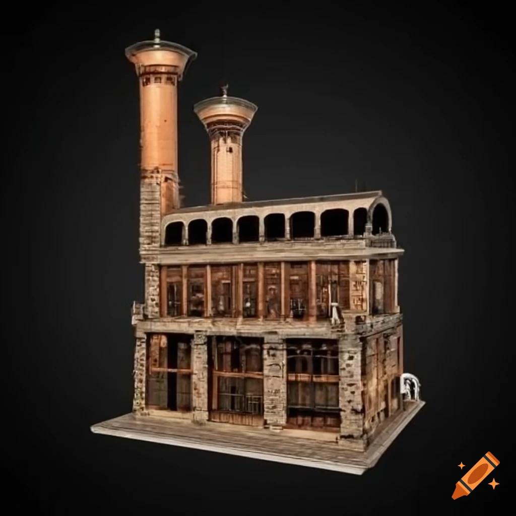 Symmetric steampunk style factory with dual steam funnels on Craiyon