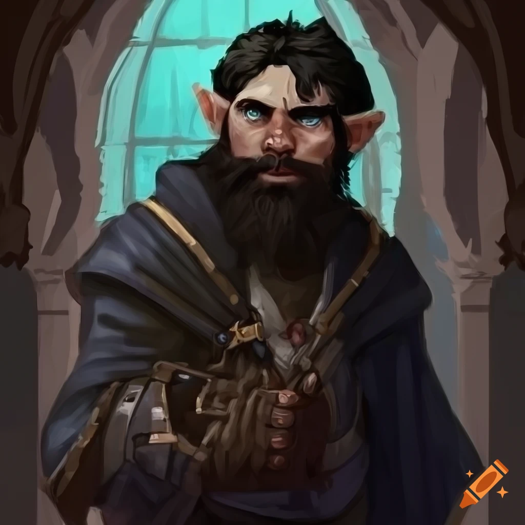 Male gnome artificer with black hair, beard, and blue eyes in painterly ...