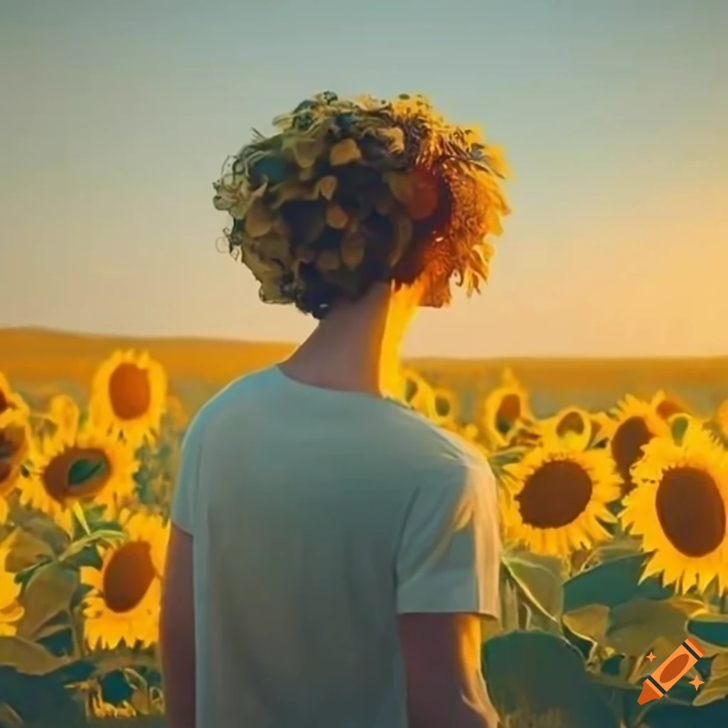 Man with curly hair and sunflower crown walking in a sunflower field at ...