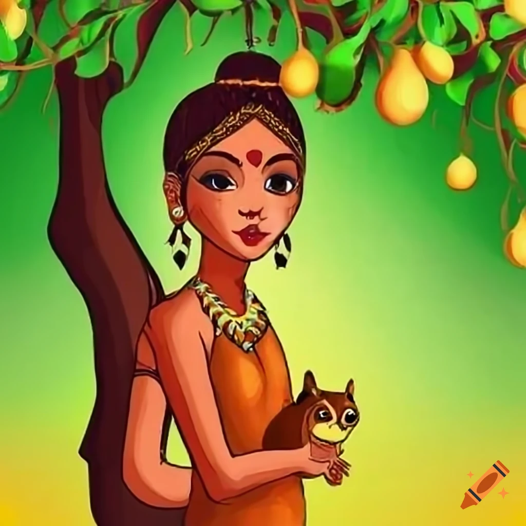Indian princess with her pet squirrel under a mango tree on Craiyon