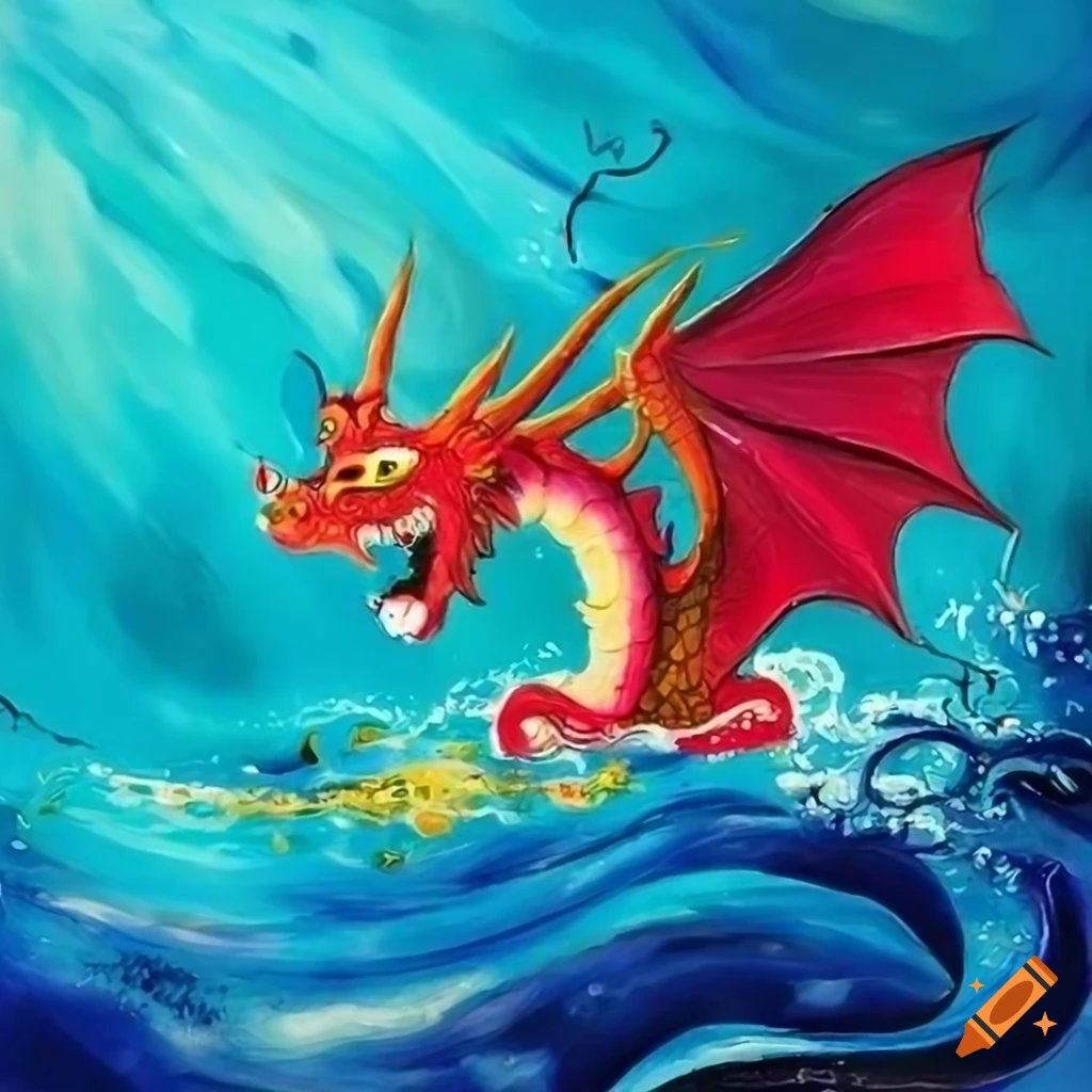 Ocean painting with a cute Chinese red dragon jumping out of the water ...