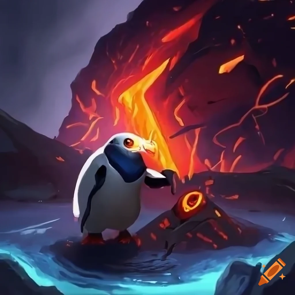 Space penguin horde advancing on volcanic glacier under a meteor shower ...