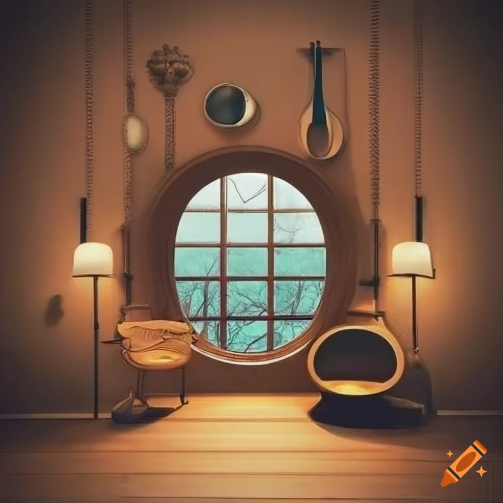 Interior room with concave oval window overlooking a forest and musical ...