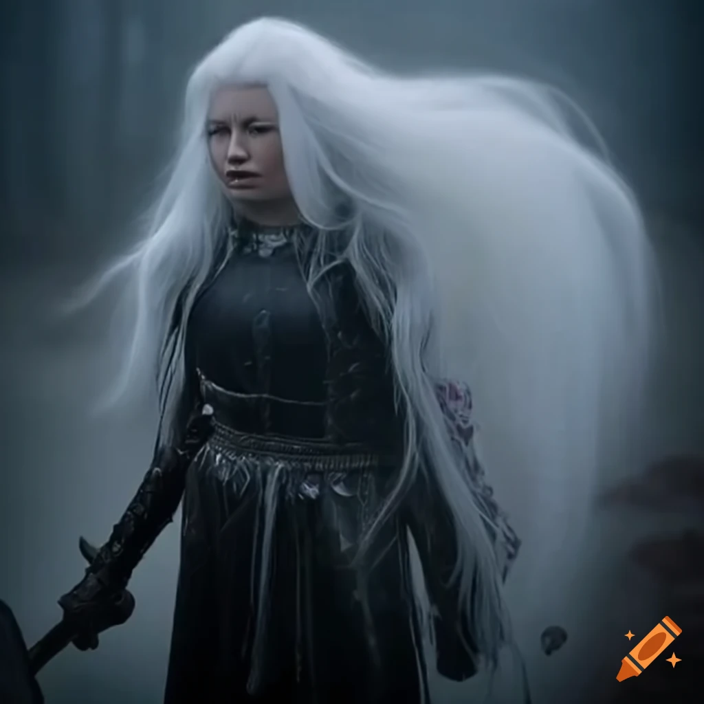 Enchanting warrior maiden with long white hair in gleaming armor ...