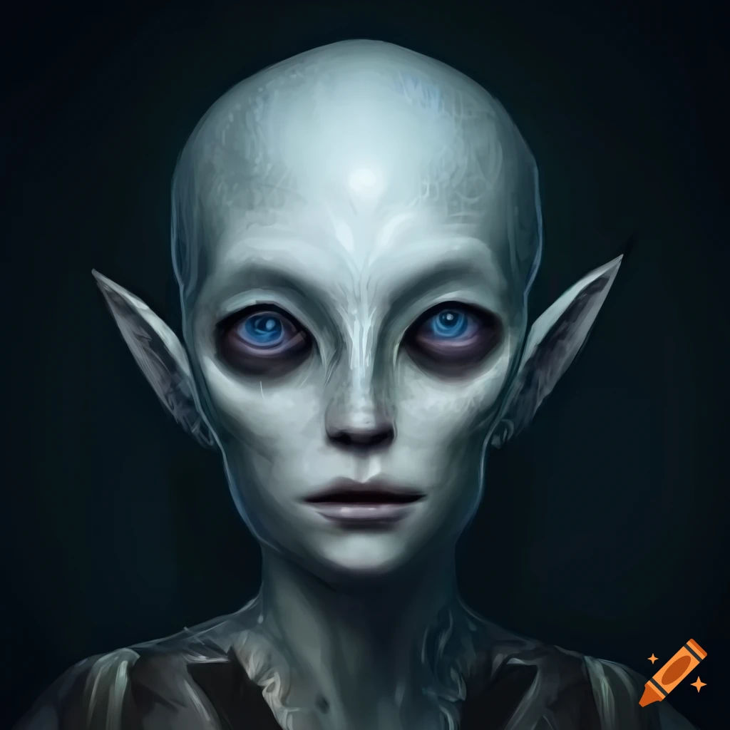Portrait of an alien humanoid with elf-like features and captivating ...