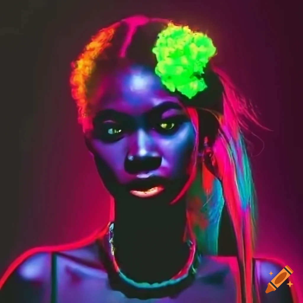Black girl with neon colors in VHS texture style from the 1990s on Craiyon