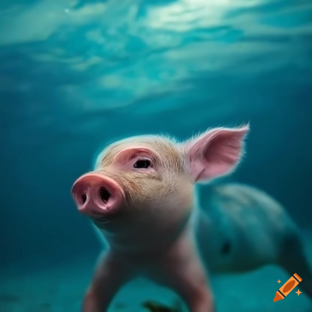 Cute piglet with a mermaid tail swimming underwater on Craiyon