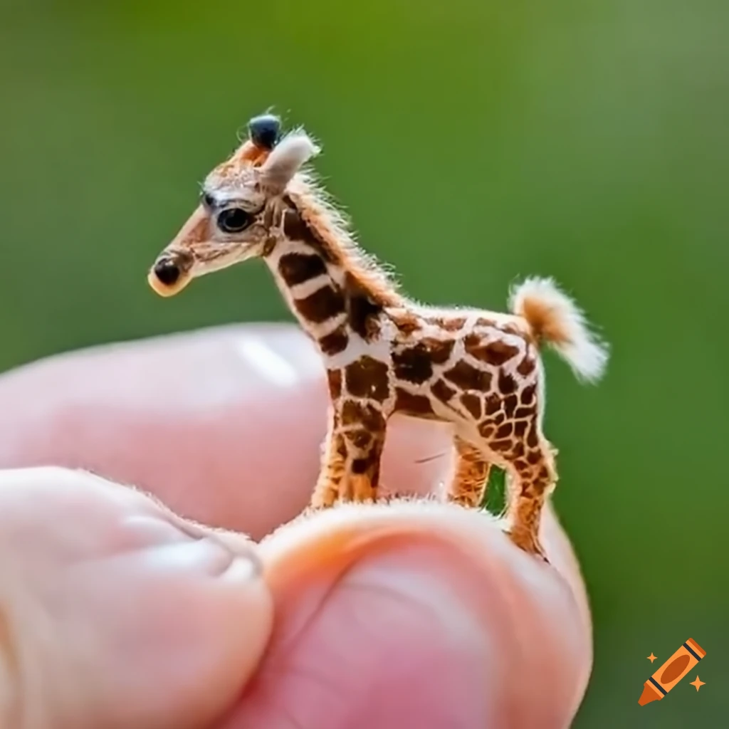 Adorable miniature giraffe on a finger in close-up raw photography on ...