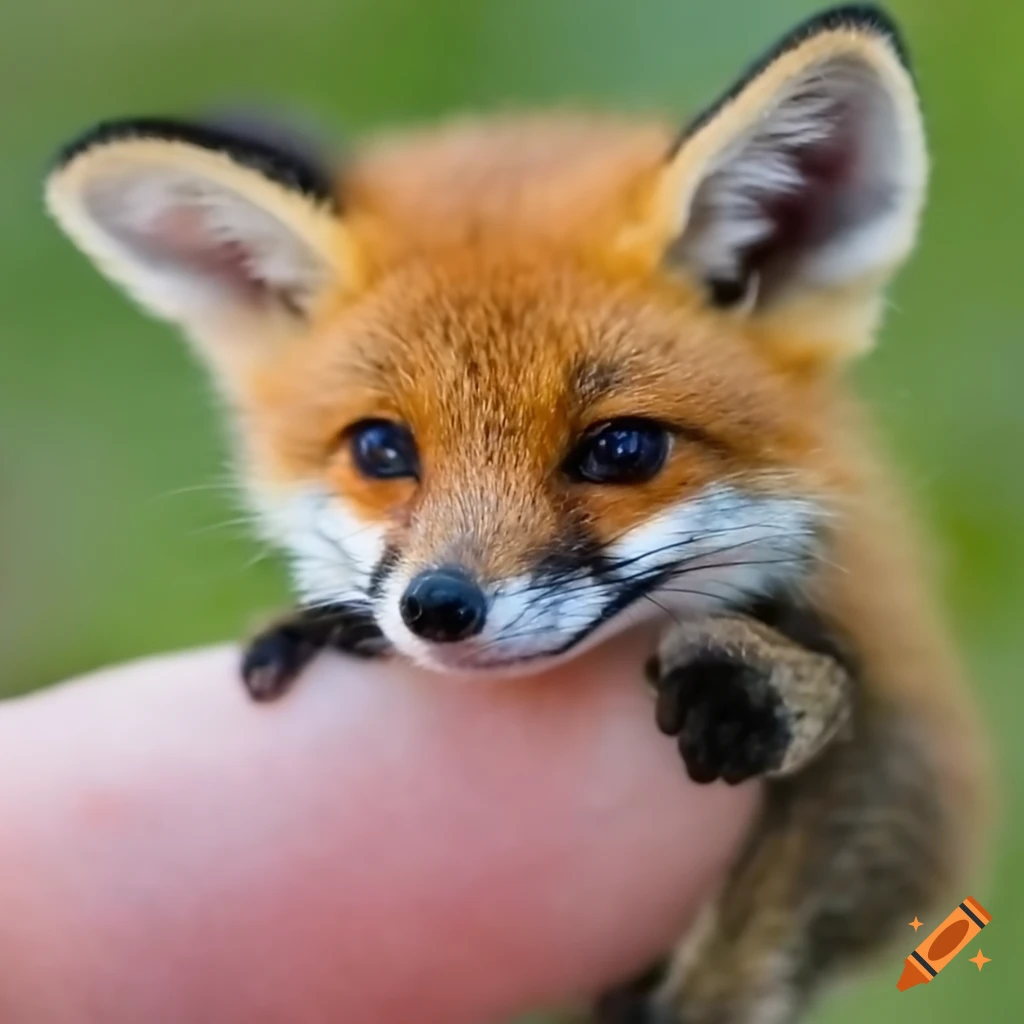 Tiny fox close up on a finger in raw photography on Craiyon
