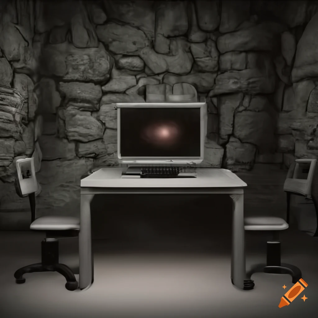 Vintage computer setup in a dark dungeon setting on Craiyon
