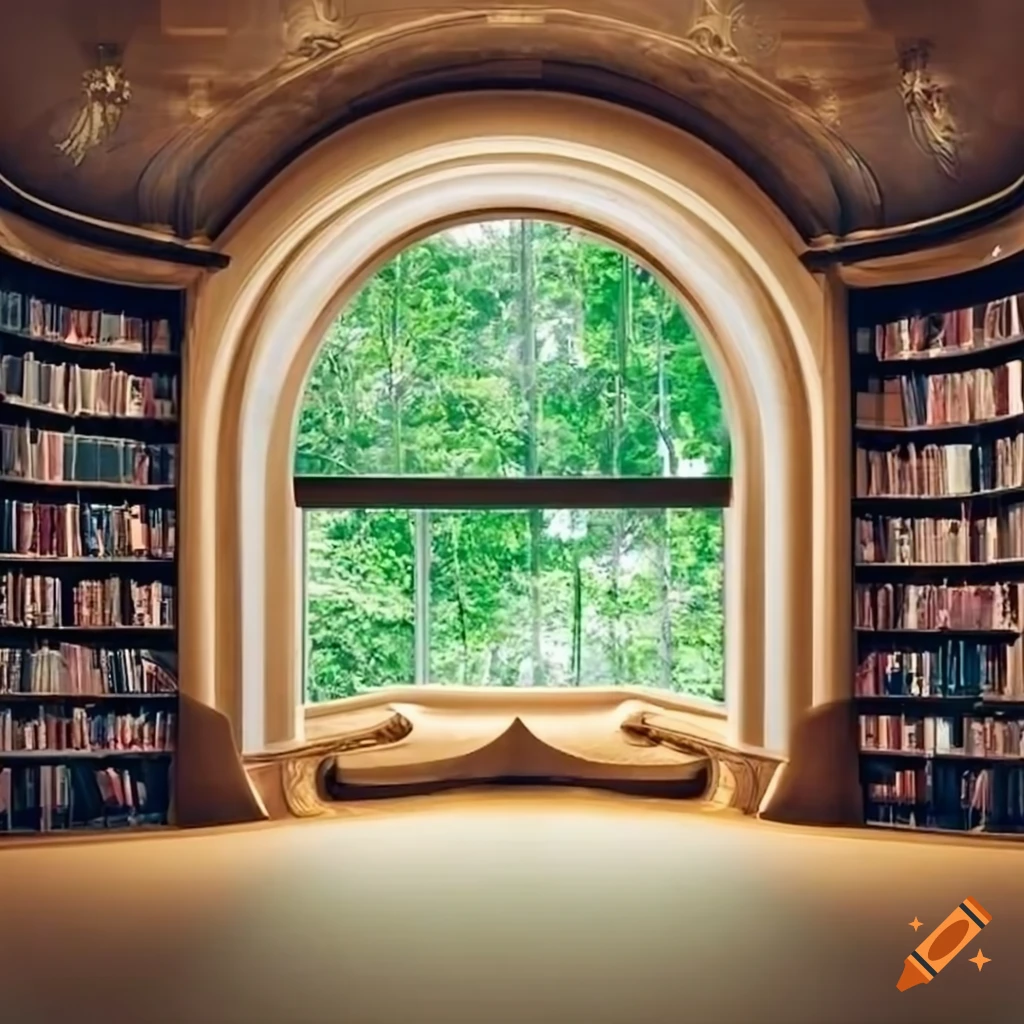 Library room with a large oval window overlooking a forest on Craiyon
