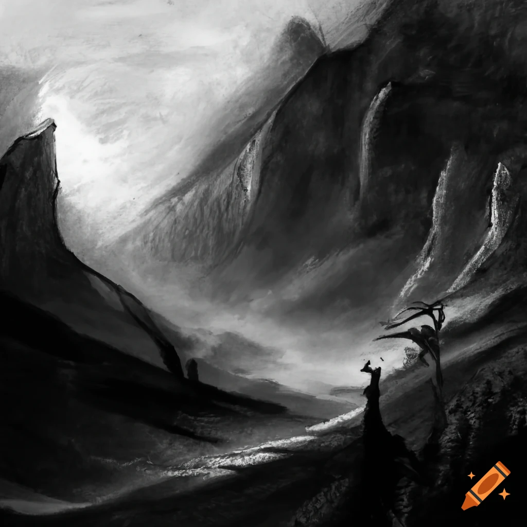 Dark and gloomy landscape resembling hell with a winding earthy path on ...