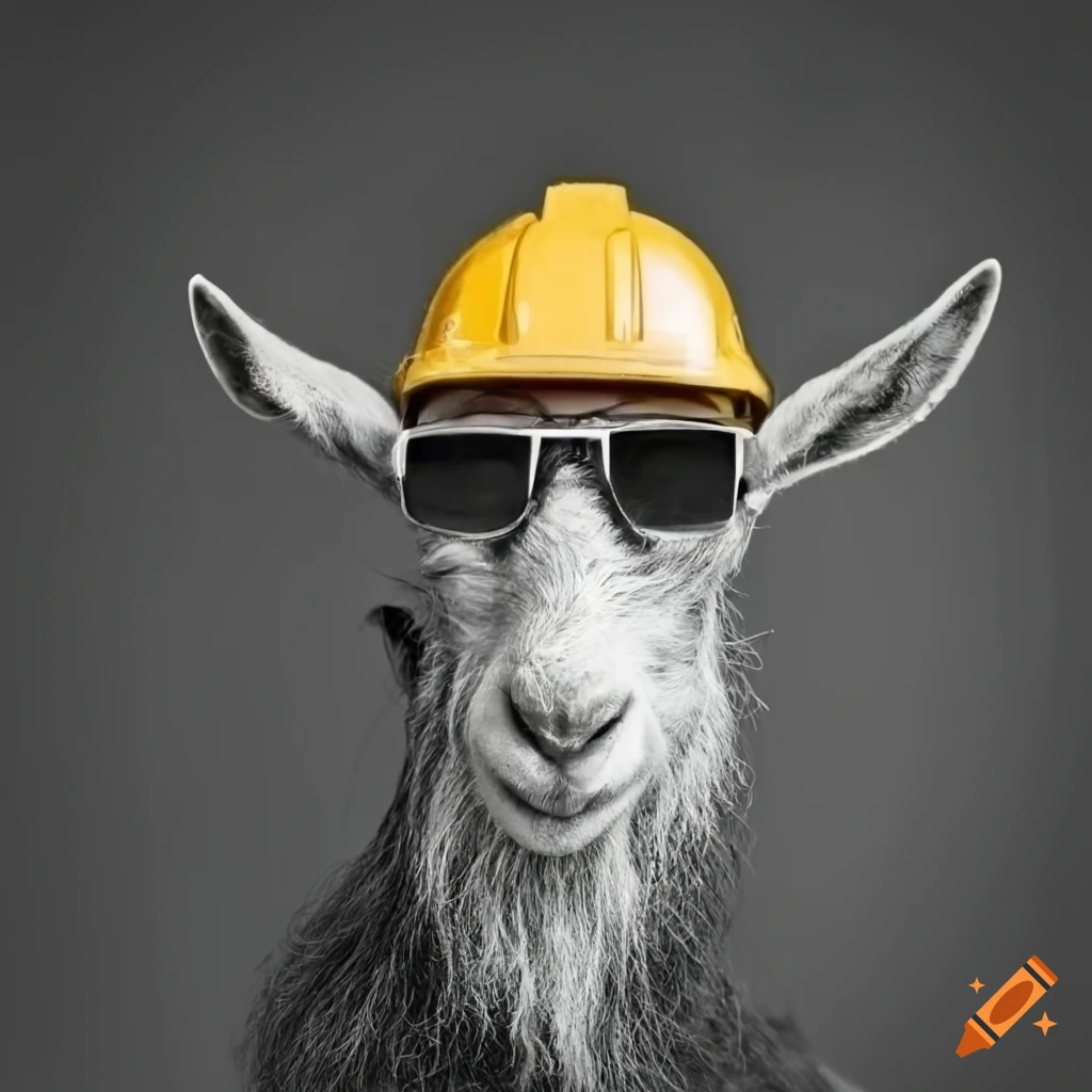Goat with beard wearing a construction helmet and sunglasses on Craiyon