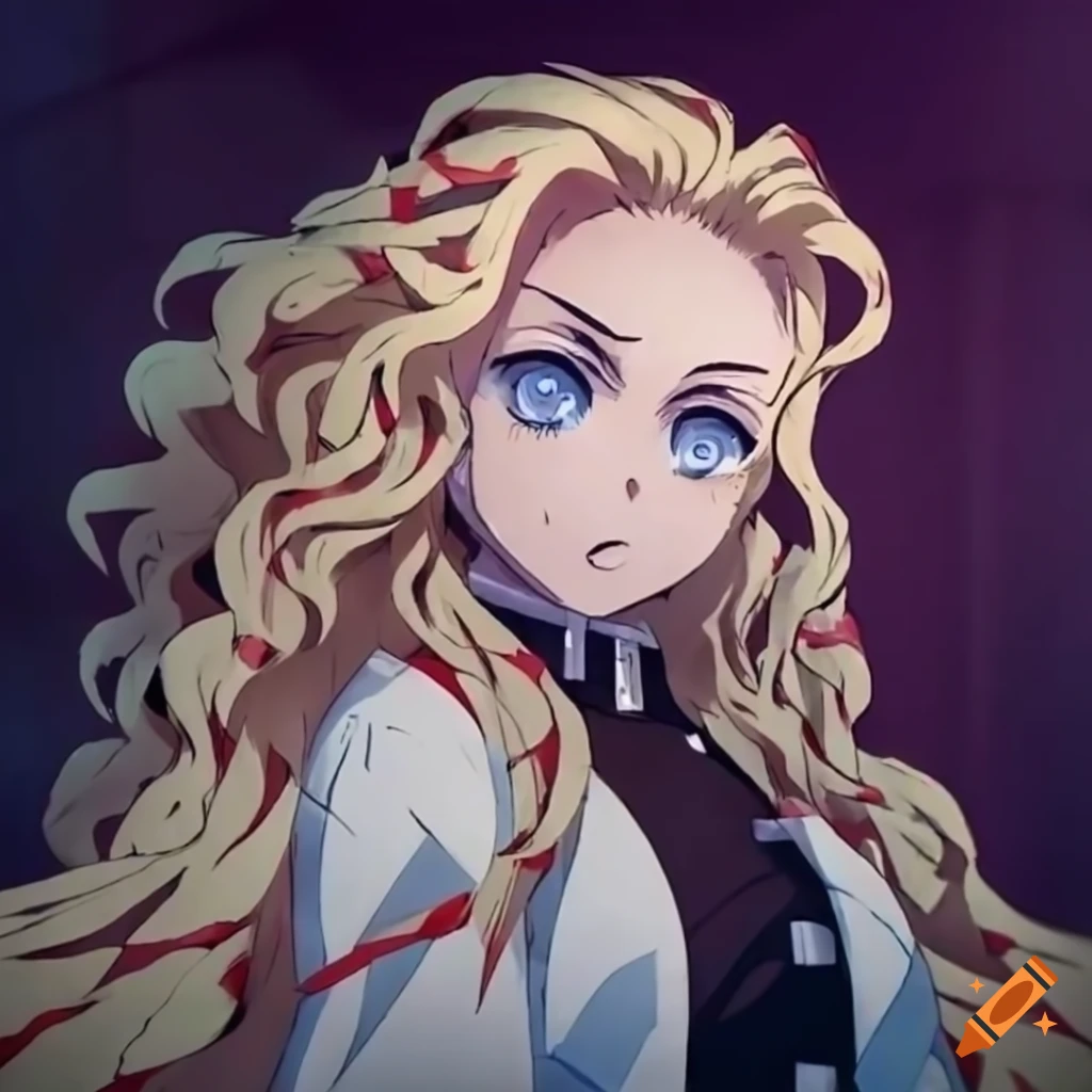 Female demon slayer with ash blonde curls and ice blue eyes fighting a ...