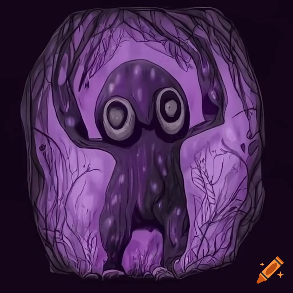 Mysterious dark-purple creature with glowing eyes in a mystical forest ...