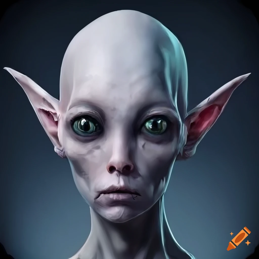 Portrait of an alien humanoid with elf-like features and captivating ...