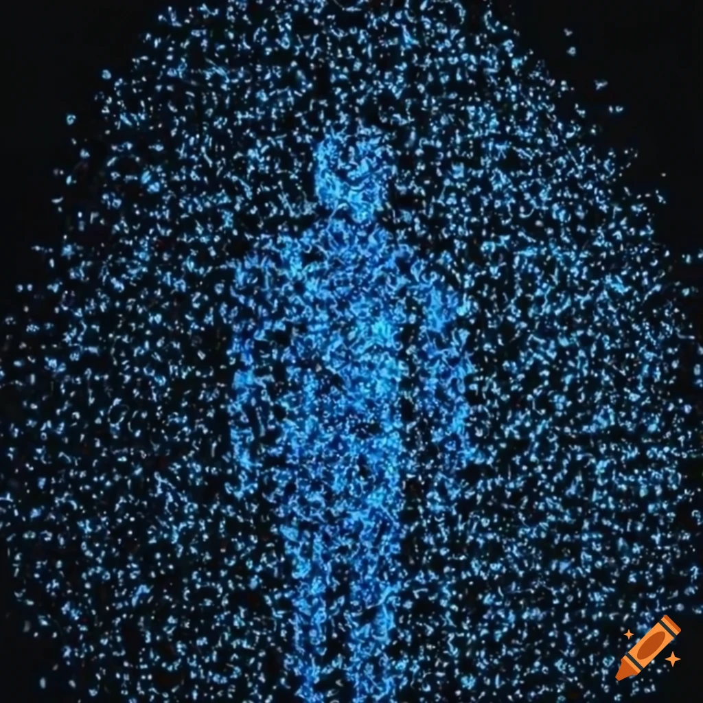Human figure made of particles in a black background with tracers on ...