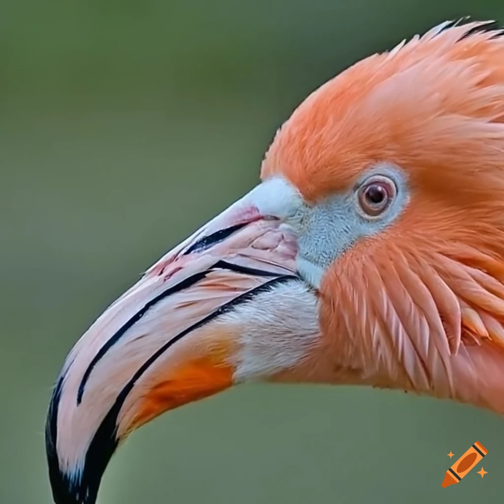 Close-up of a flamingo's detailed beak and eyes with beautiful lighting on Craiyon