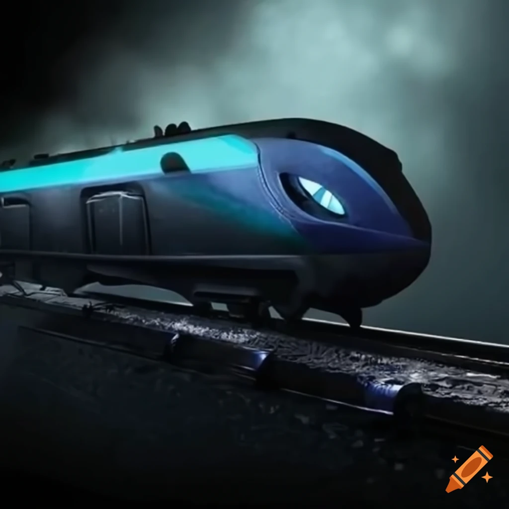 Futuristic train with a fish head locomotive and spaced-out wagons on ...