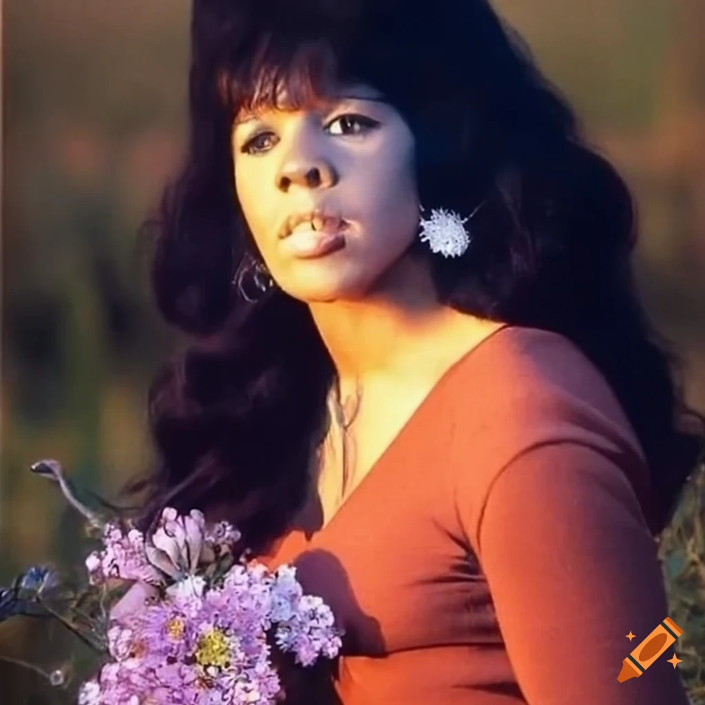Ronnie Spector in a sunset surrounded by wild flowers with a prom bun ...