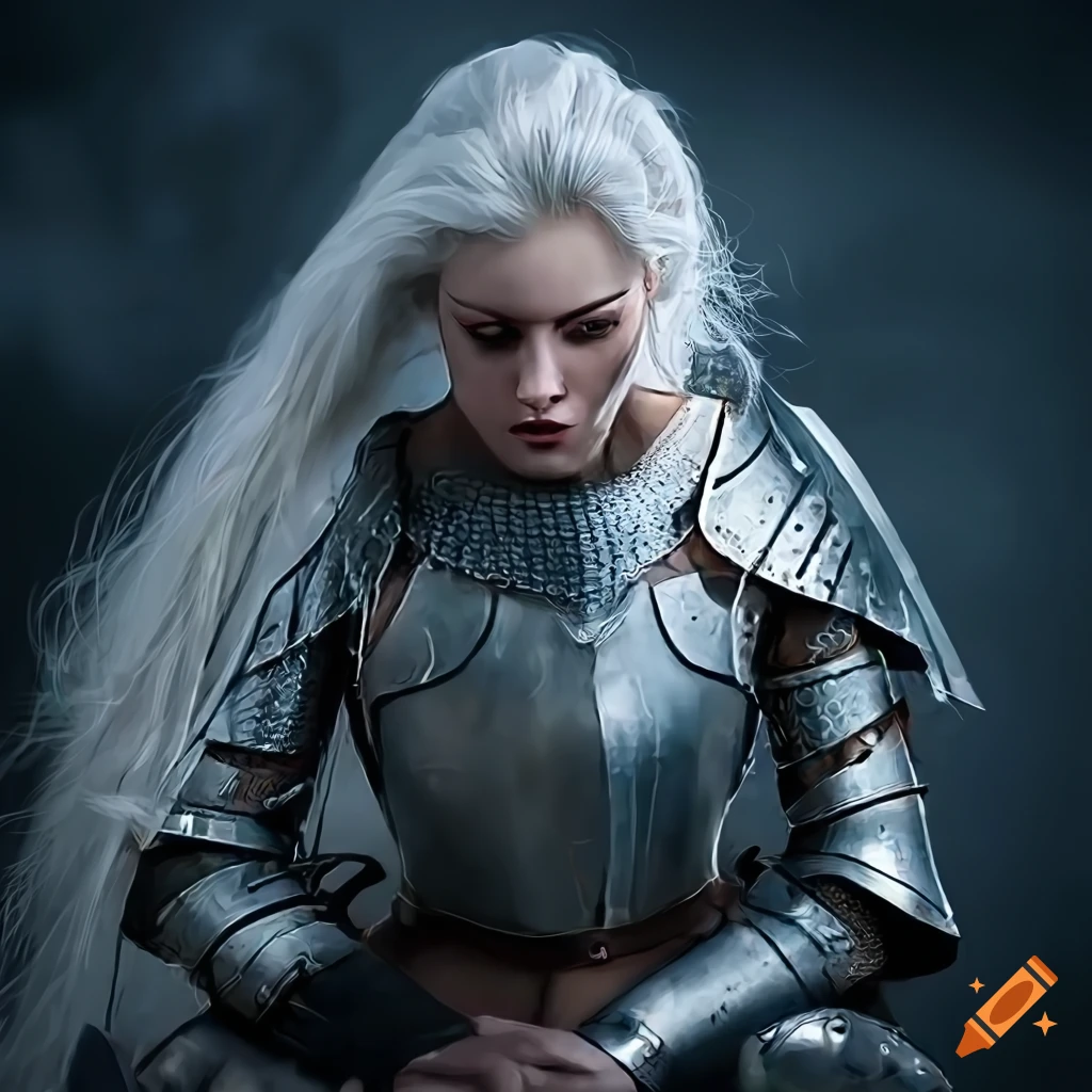 Fierce warrior woman in medieval plate armor with full head armor resting on axe under moonlight ...