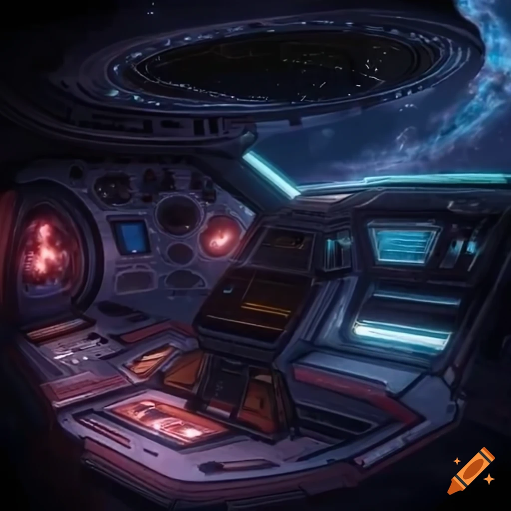 Spacious spaceship interior with many lights and monitors in deep space on Craiyon