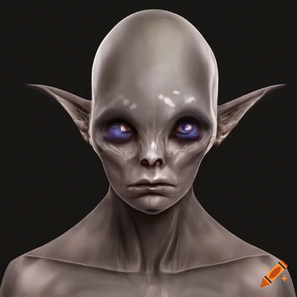 Portrait of an alien humanoid with elf-like features and dark grey skin ...