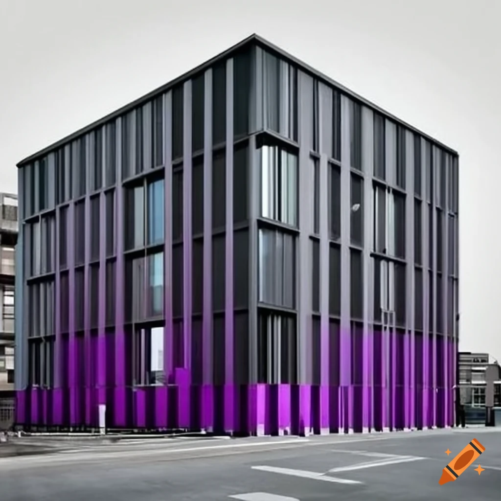 Modern grey buildings with purple pin stripes and no windows on Craiyon