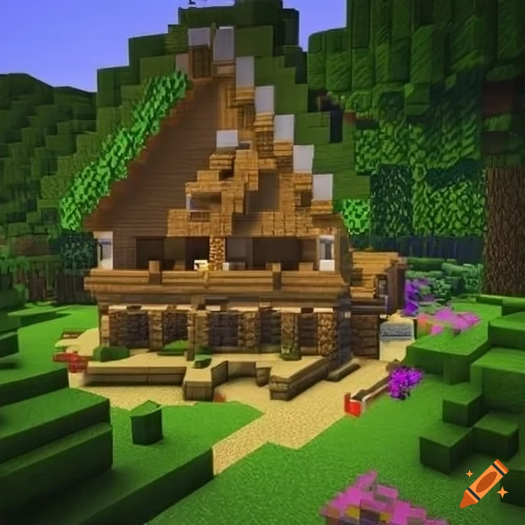 Minecraft house with thatched roof and green plants and colorful ...