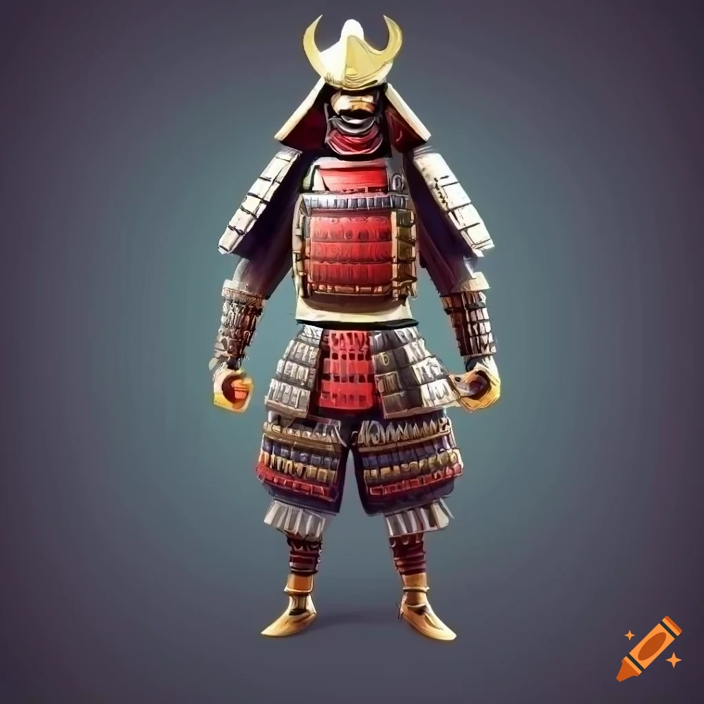 Detailed samurai in ornate armor with sword in stylized 2D environment ...
