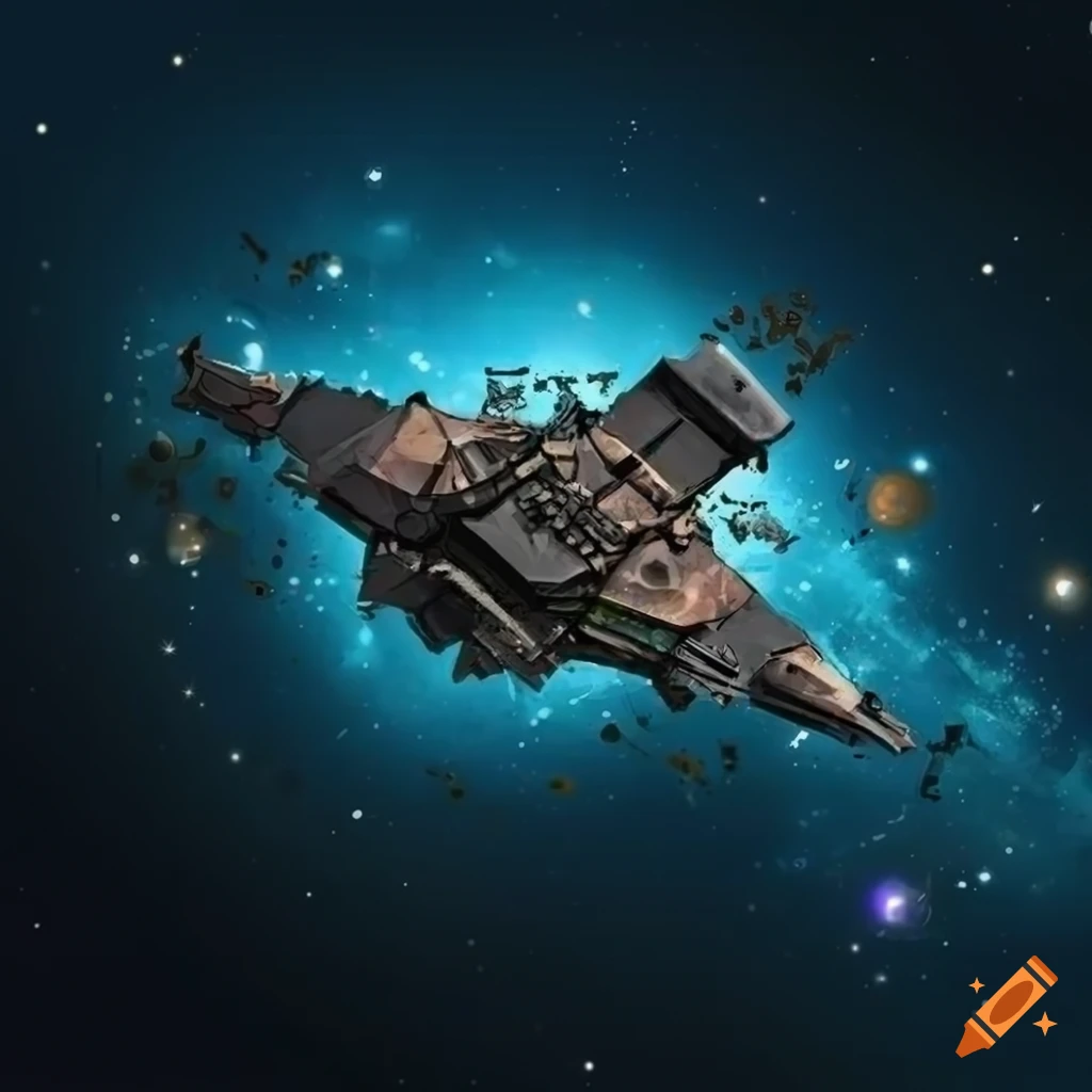 Damaged spaceship with metal debris in a captivating cosmic background ...
