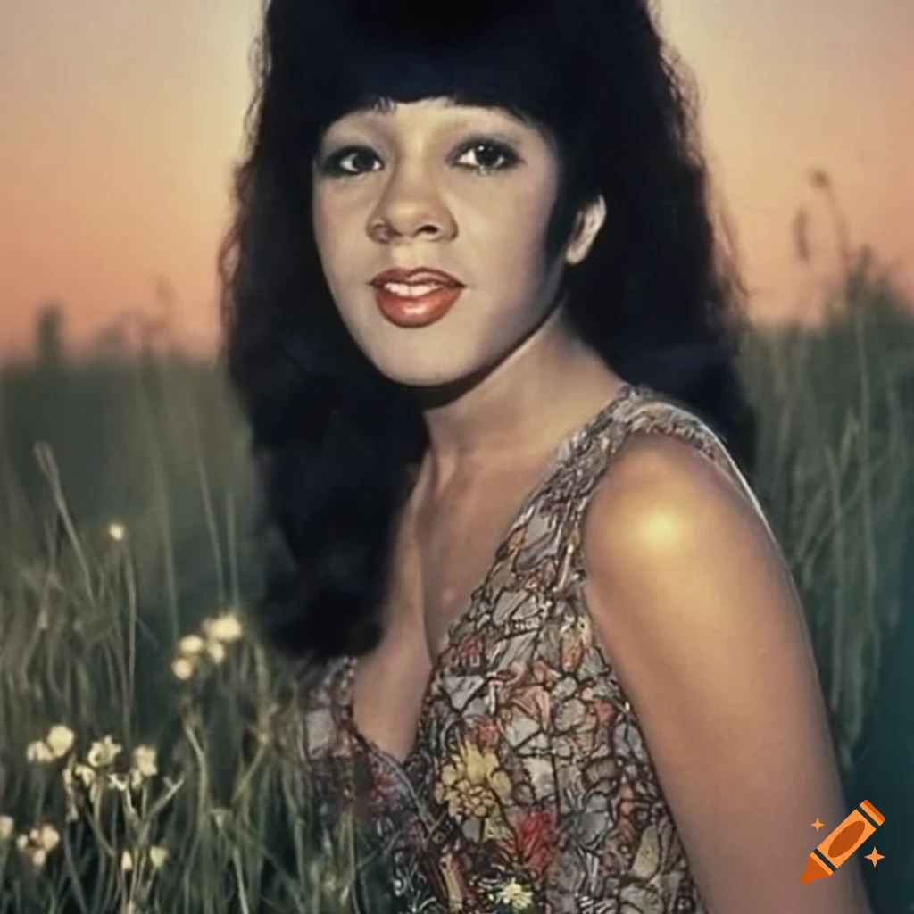 Ronnie spector in a sunset surrounded by wild flowers with a 70s v neck ...