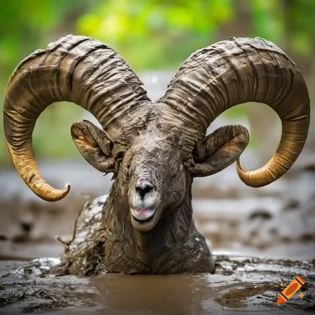 Big horn ram covered in mud in a jungle mud pit on Craiyon