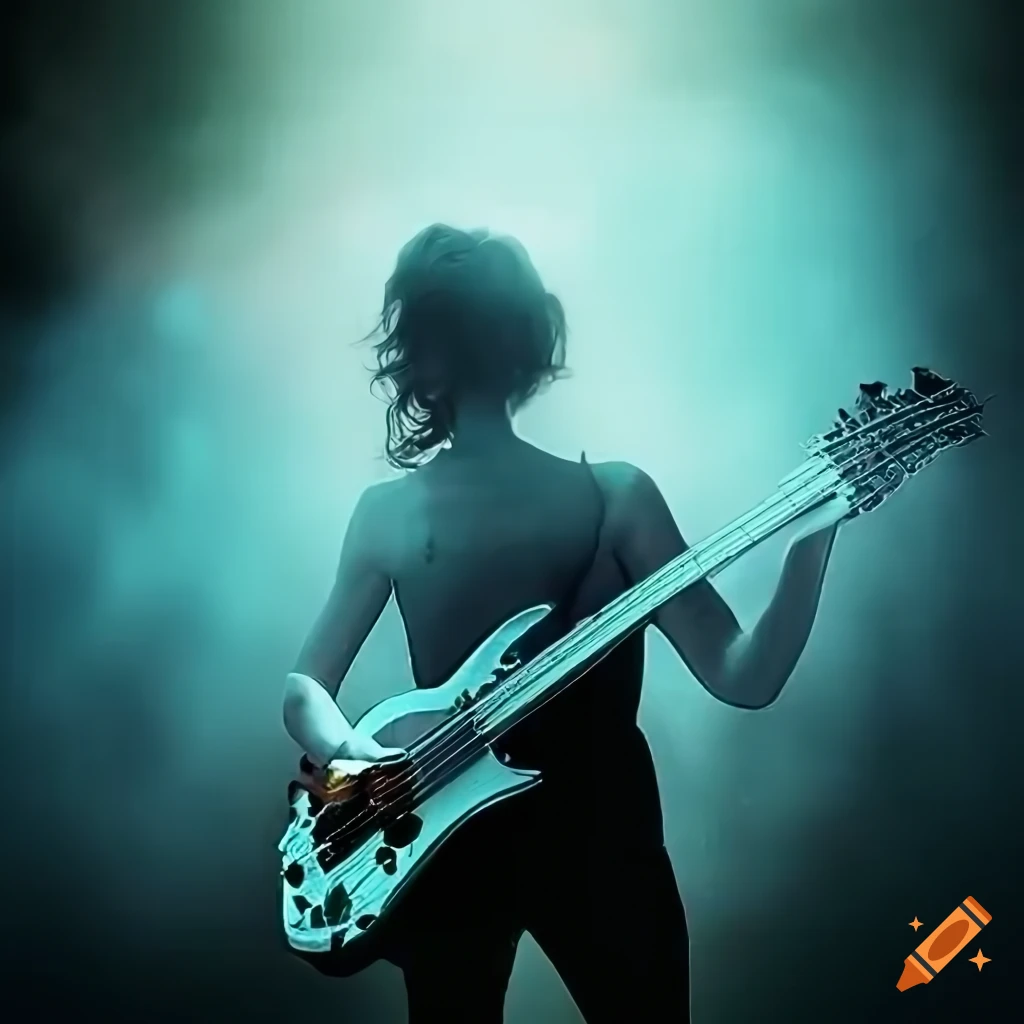 Retro-colored album background with a passionate bass player on Craiyon