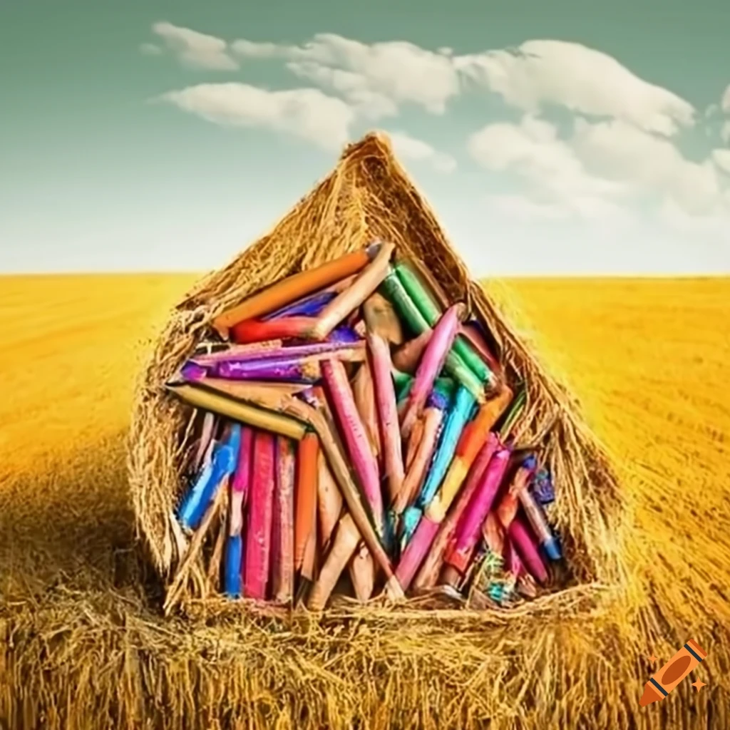Box of colorful crayons in a hay field on Craiyon