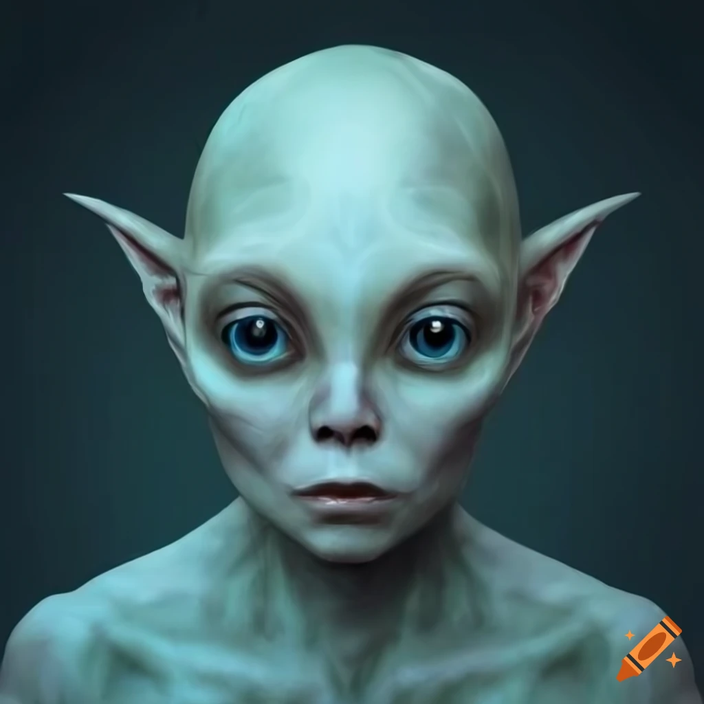 Portrait of an alien humanoid with elf-like features and captivating ...
