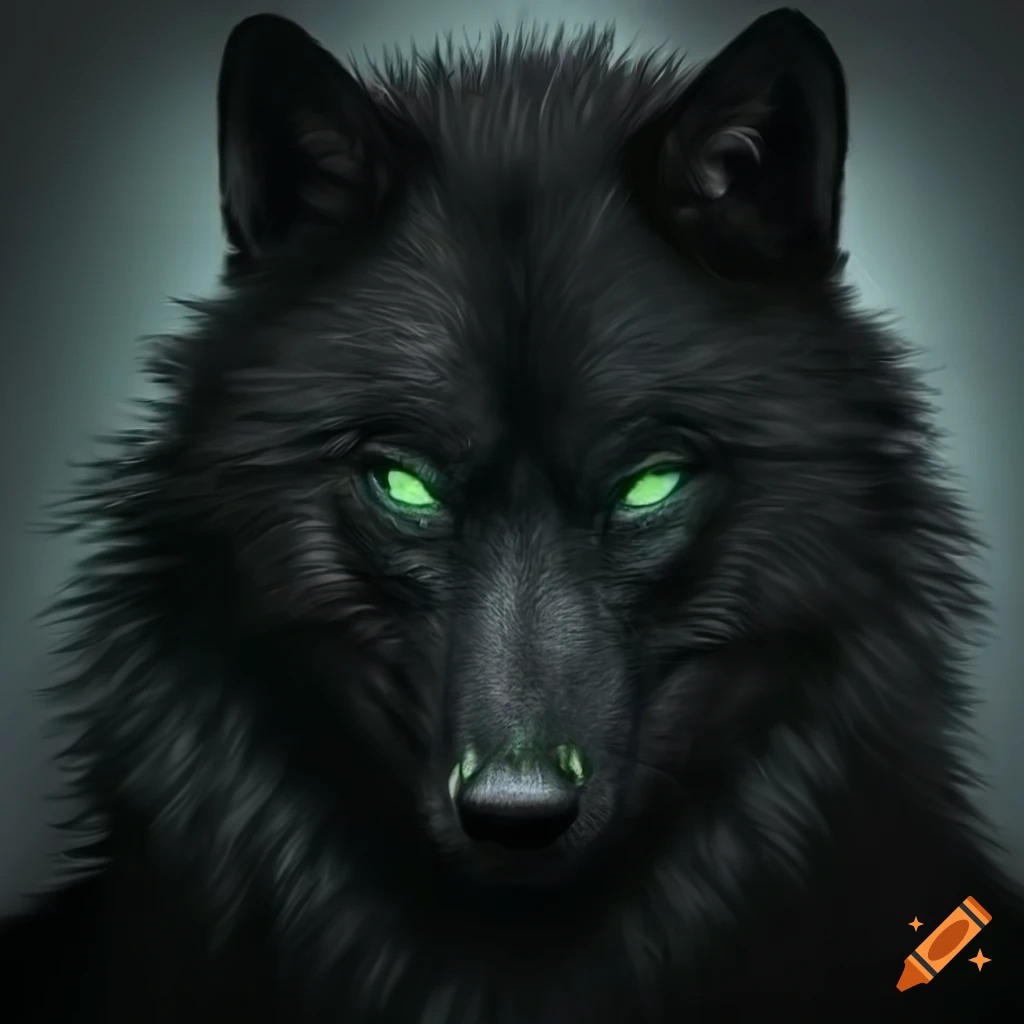 Pitch Black Wolf With Green Eyes
