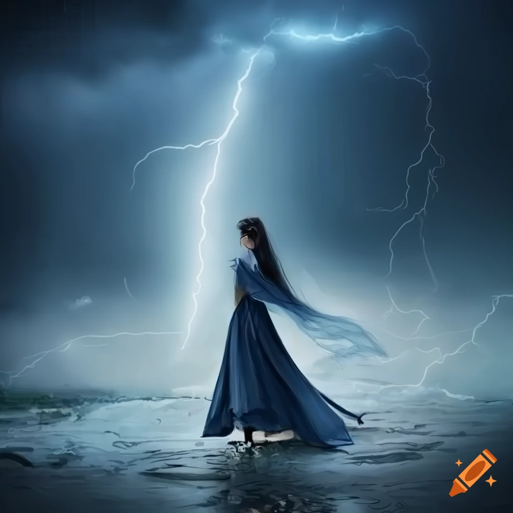 Anime art of a woman standing bravely against a thunderstorm on Craiyon