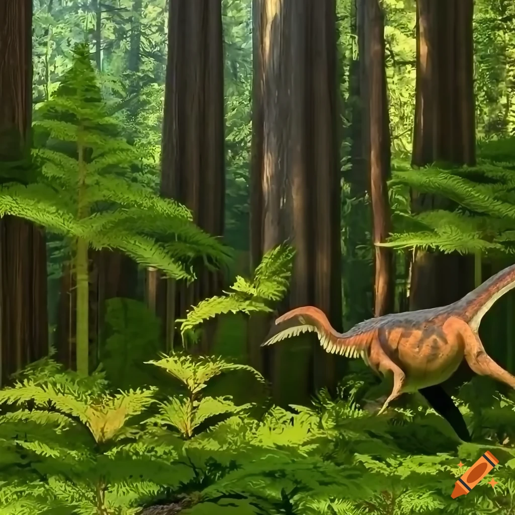 Hypsilophodon dinosaurs in a cedar forest under dappled shadows on Craiyon