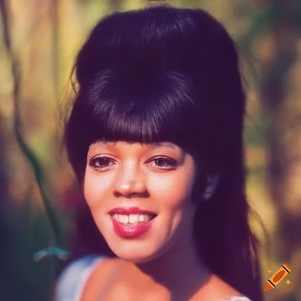Ronnie spector in a sunset surrounded by wild flowers with a 70s v neck ...