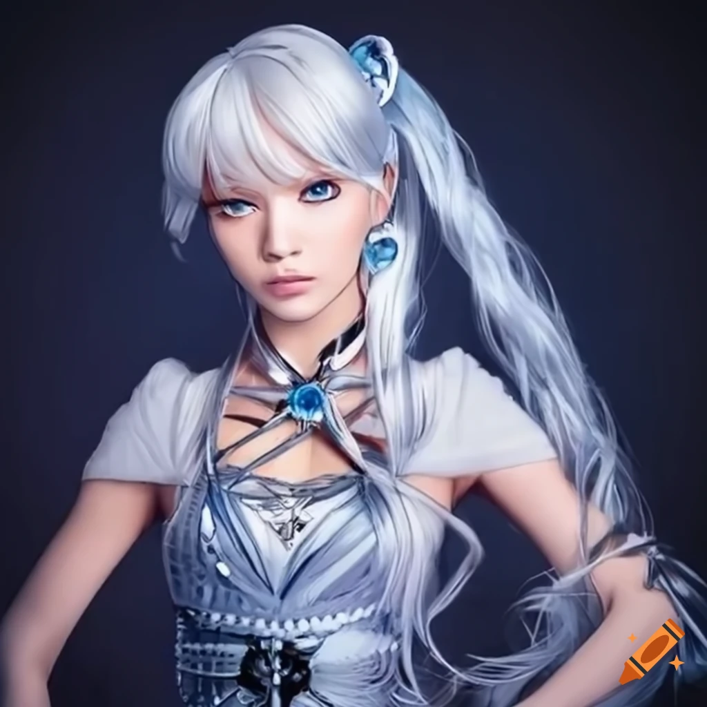 Anime character Weiss Schnee touching her long hair on Craiyon